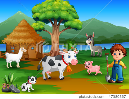 Farmer activity on the nature with animal farm - Stock Illustration ...