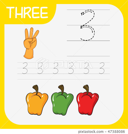How to write number three worksheet - Stock Illustration [47388086] - PIXTA
