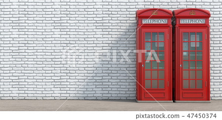 Red phone booth on brick wall background. - Stock Illustration ...