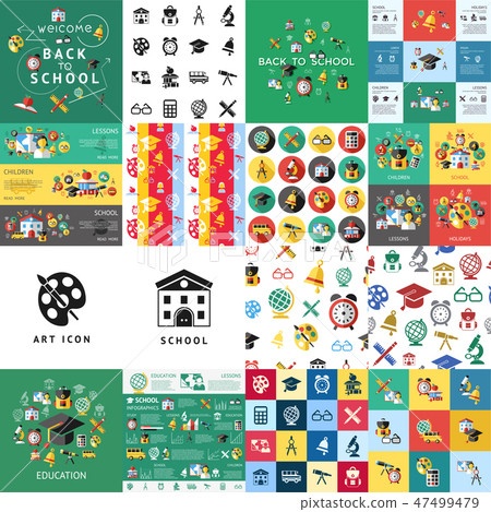 Digital vector green red yellow school icons - Stock Illustration ...