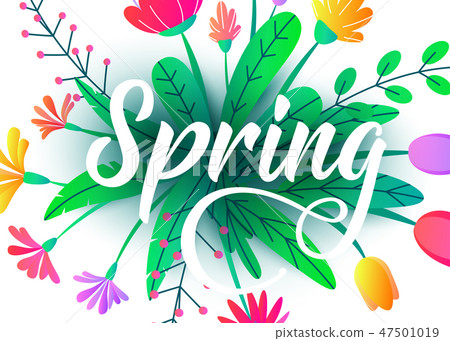 Spring word vector background with flat minimal... - Stock Illustration ...