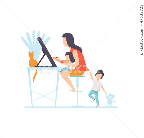 Young Mother Drawing Sketch on Tablet Screen,... - Stock Illustration ...