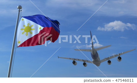 Commercial airplane landing behind waving flag.... - Stock Illustration ...