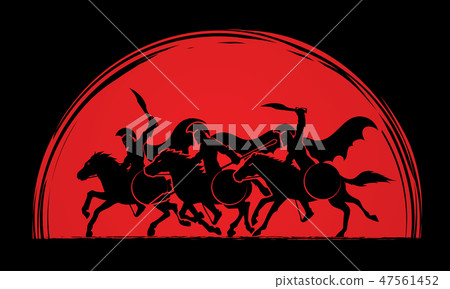 3 Spartan warrior riding horses graphic vector. - Stock Illustration ...
