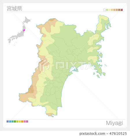 Miyagi prefecture map (contour line · color... - Stock Illustration ...