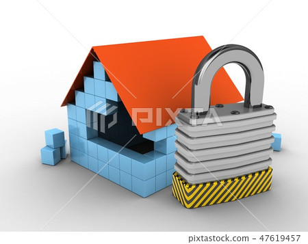 3d illustration of house with padlock - Stock Illustration [47619457 ...