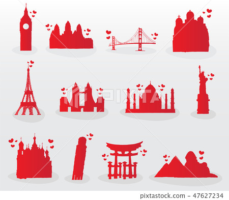 cute world landmarks red silhouette travel set - Stock Illustration ...