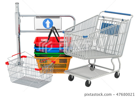 Shop entrance gate with shopping cart and baskets - Stock Illustration ...