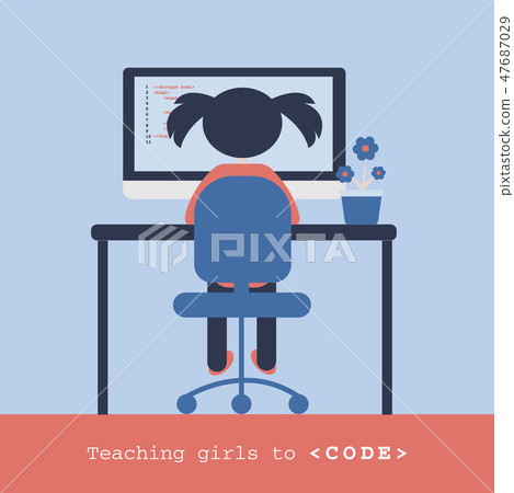 Girl coding behind the laptop. Children... - Stock Illustration ...