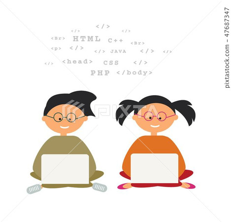 Little girl and boy programming a robot on... - Stock Illustration ...