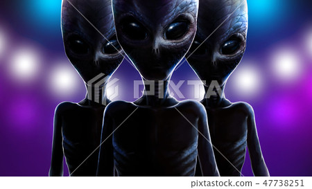 Three aliens on background of lights spaceship. 2D - Stock Illustration ...
