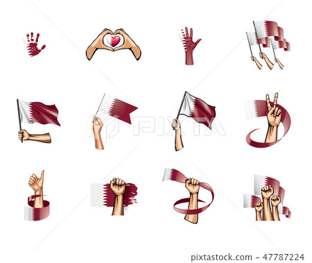 Qatar flag and hand on white background. Vector... - Stock Illustration ...