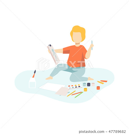 Boy Sitting on Floor and Drawing, Kids... - Stock Illustration ...