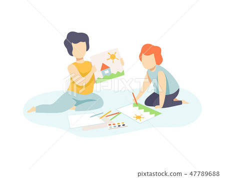 Two Cute Boys Sitting on Floor and Drawing,... - Stock Illustration ...
