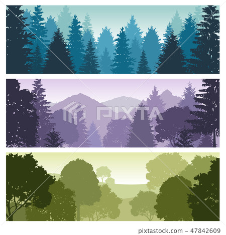 Silhouette forest panorama skyline with pine... - Stock Illustration ...