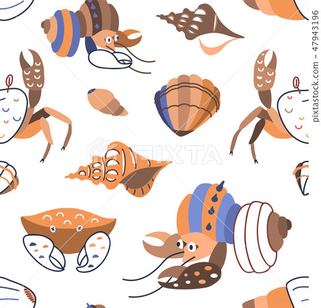Seamless pattern with cute crab, shell and... - Stock Illustration ...