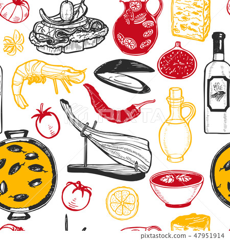 Pattern with Spanish Food in Hand-Drawn Style-插圖素材 [47951914] - PIXTA圖庫