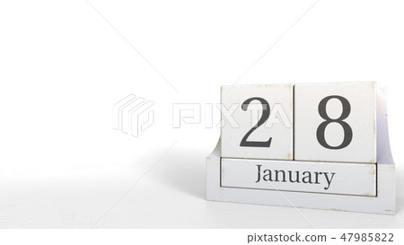 Wood cube calendar shows January 28 date, 3D... - Stock Illustration ...
