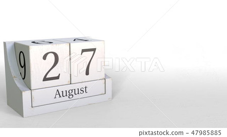 Wood cube calendar shows August 27 date, 3D... - Stock Illustration ...