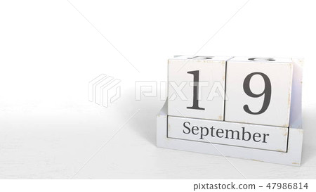 Wood cube calendar shows September 19 date, 3D... - Stock Illustration ...