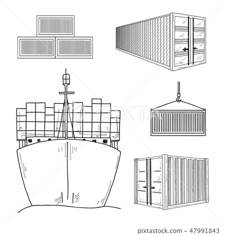 Sketch various containers and cargo ships. - Stock Illustration ...