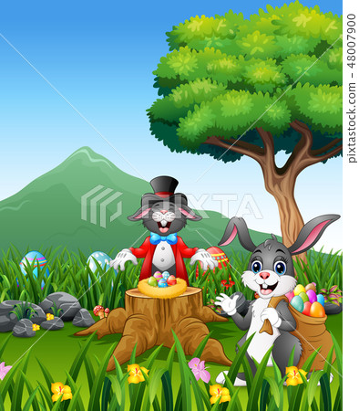 The rabbit plays magic on the tree stump - Stock Illustration [48007900 ...