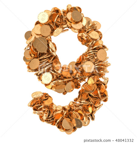 Number 9, from golden dollar coins. 3D rendering - Stock Illustration ...