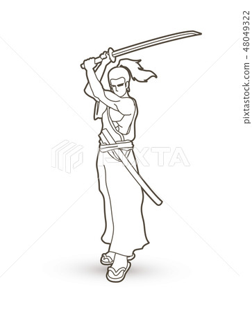 Samurai standing with sword katana, Ready to fight - Stock Illustration ...