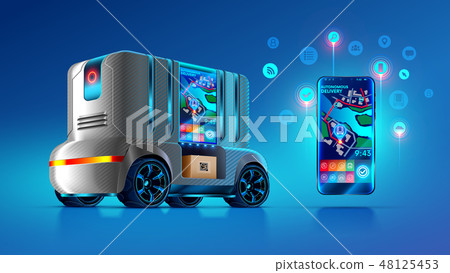 Autonomous driverless van delivers and ships... - Stock Illustration ...