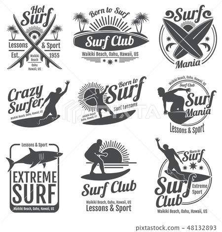 Surfing club vector vintage emblems. Surf board... - Stock Illustration ...