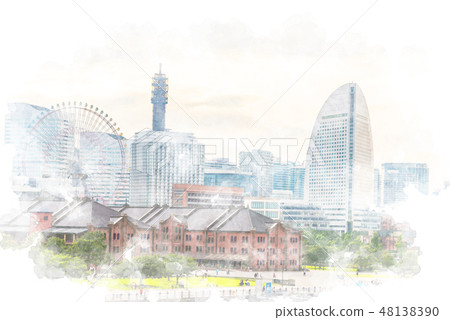 Yokohama Minato Mirai watercolor painting in... - Stock Illustration ...