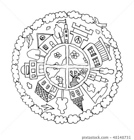 Decorative hand drawn mandala with houses - Stock Illustration ...