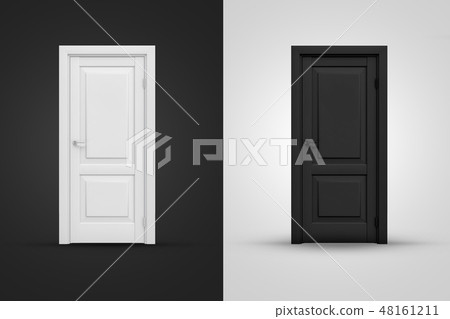 3d rendering of two contrast doors in white and... - Stock Illustration ...