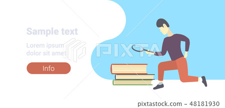 man using magnifying glass looking book stack... - Stock Illustration ...