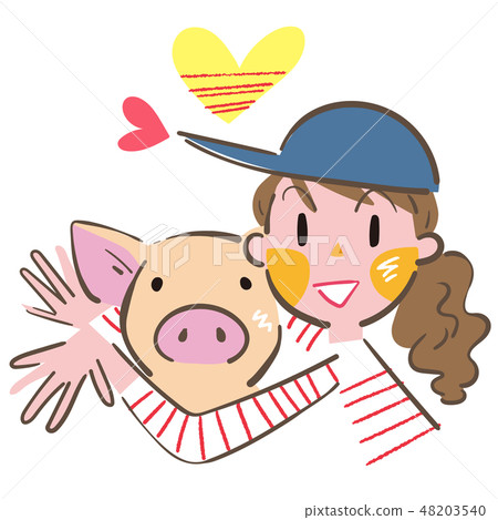 A girl hugging a pig - Stock Illustration [48203540] - PIXTA