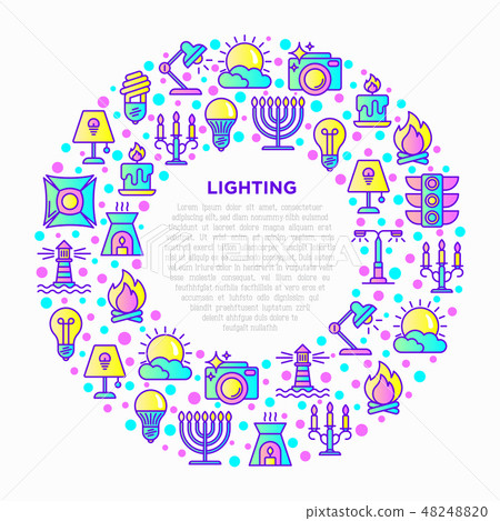 Lighting concept in circle with thin line icons - Stock Illustration ...
