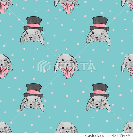 Seamless pattern with cute watercolor rabbits - Stock Illustration ...