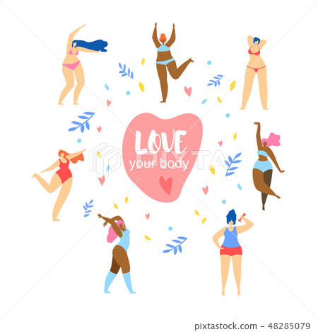 Love Your Body. Happy Women Dancing Around Heart - Stock Illustration ...