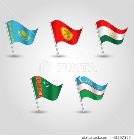vector set waving flags central asia silver pole - Stock Illustration ...