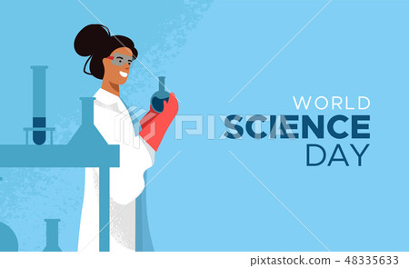 World Science Day card of scientist woman - Stock Illustration ...