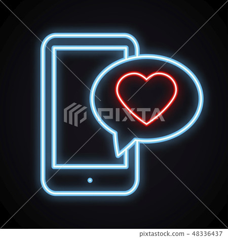 Glowing neon phone with red heart emoji message... - Stock Illustration ...