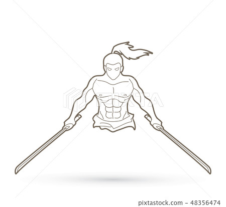 Angry Samurai standing with swords front view - Stock Illustration ...