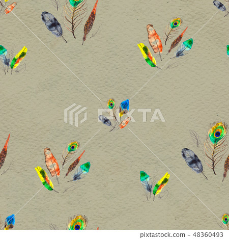 Watercolor feathers seamless pattern. Hand... - Stock Illustration ...