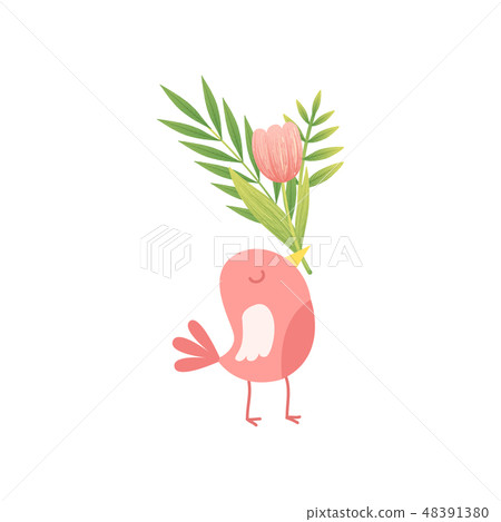 Cute Bird Holding Bouquet of Pink Tulip Flowers... - Stock Illustration ...