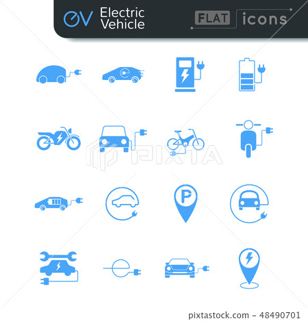Electric vehicle flat icon set in blue color - Stock Illustration ...