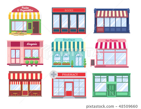 Shop flat buildings. Modern store facade... - Stock Illustration ...