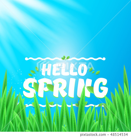 vector hello spring banner with green grass,... - Stock Illustration ...