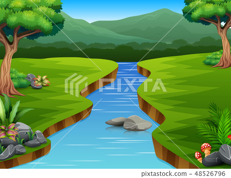 River cartoons in the middle beautiful nature - Stock Illustration ...