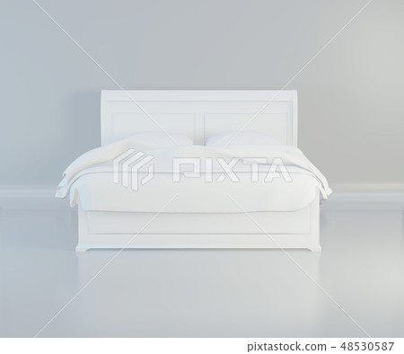 Bed with soft white pillows, front view. 3d... - Stock Illustration ...