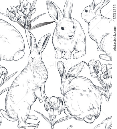 Vector seamless pattern with hand drawn rabbits. - Stock Illustration ...